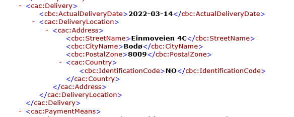 Hva legger seg hvor i xml fil i en faktura som er sendt fra GO som EHF ...