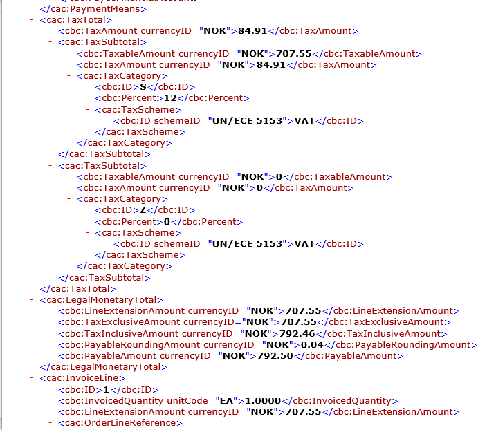 Hva legger seg hvor i xml fil i en faktura som er sendt fra GO som EHF ...